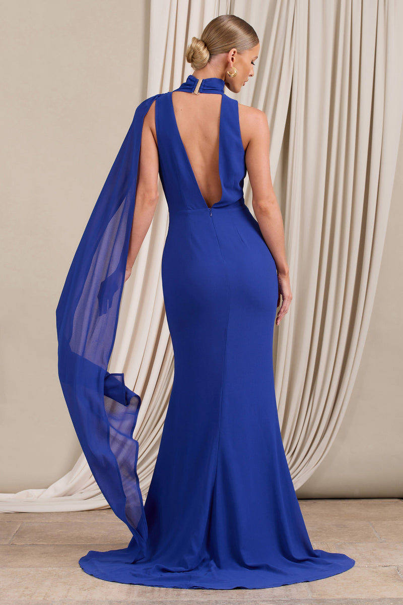 Whimsical Blue Chiffon Plunge Fishtail Maxi Dress With Scarf Design – Club L London - SA
