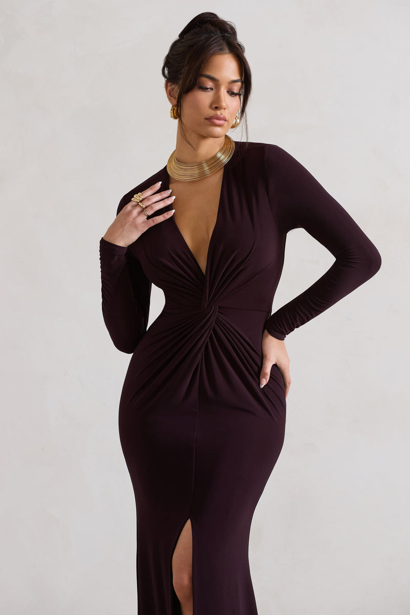 Tianna Dark Plum Plunge-Neck Twisted Split Maxi Dress – Club L London - SA