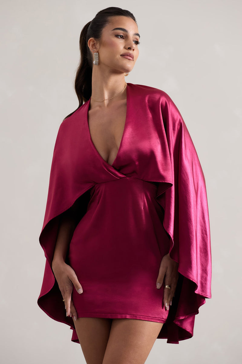 Olsen Raspberry Satin Plunge-Neck Cape Mini Dress – Club L London - SA