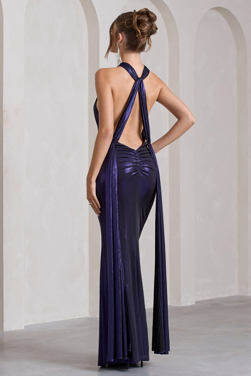 Lost Purple Metallic Halter-Neck Cut-Out Split Maxi Dress With Drape ...