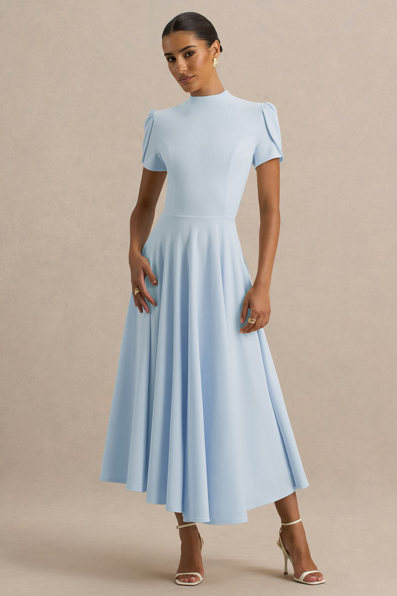 Vicky Powder Blue High Neck Midi Dress With Puff Sleeves – Club L ...