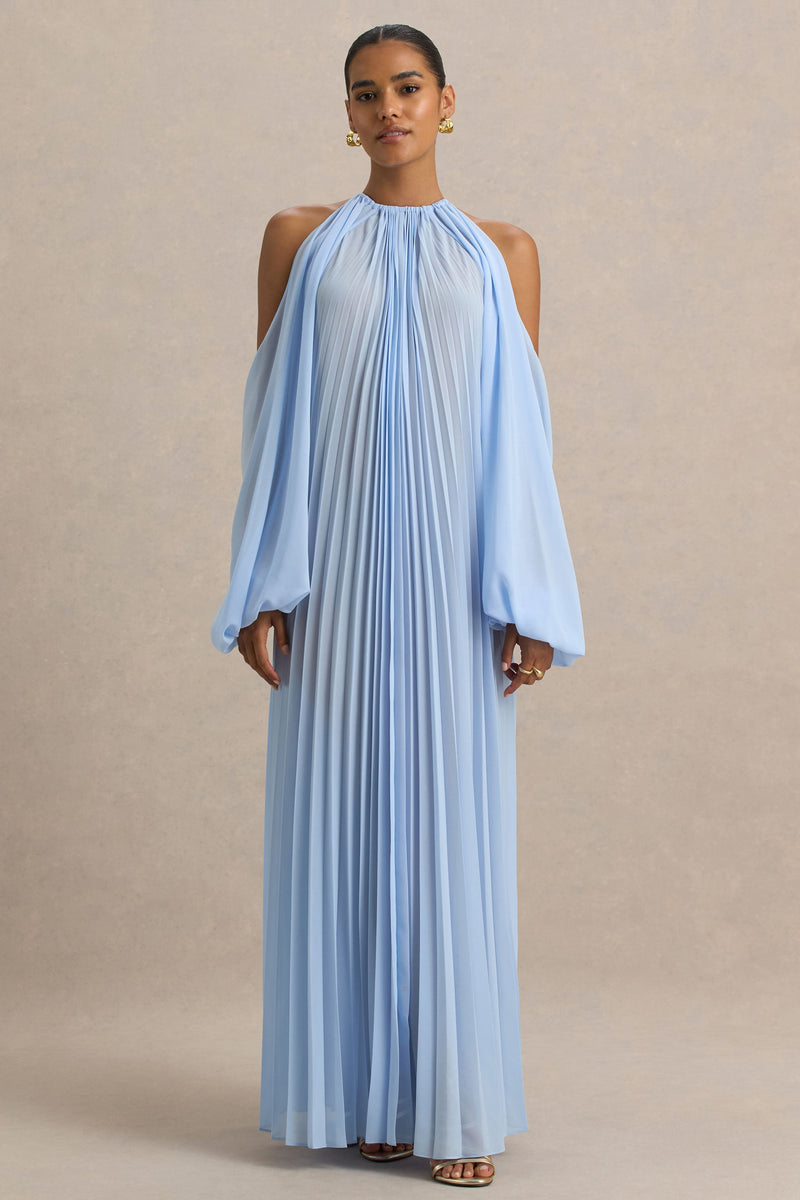 Reyna Powder Blue Pleated Chiffon Cold-Shoulder Maxi Dress – Club L ...