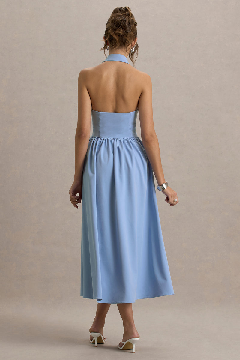 Samsara Light Blue Plunge-Neck Collared Midi Dress – Club L London - SA