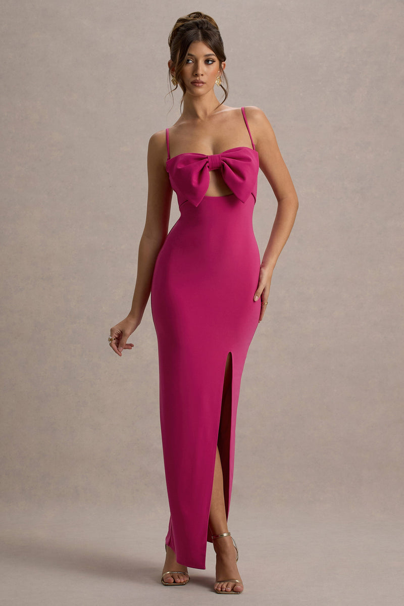 Emmalou Hot Pink Strappy Split Maxi Dress With Bow – Club L London - SA