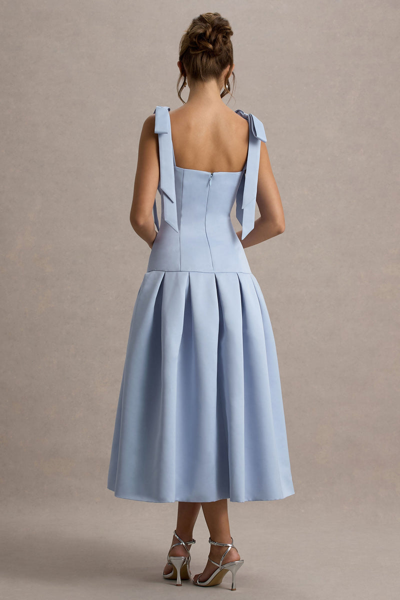 Alberta Powder Blue Satin Midi Dress With Bow Straps – Club L London - SA